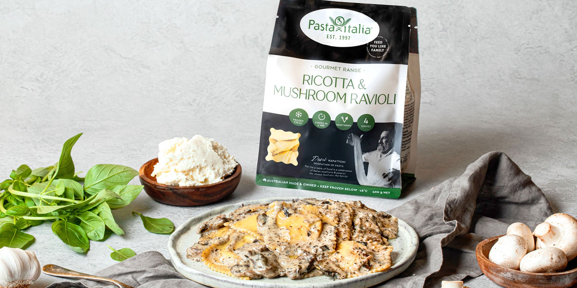 RICOTTA & MUSHROOM RAVIOLI WITH AL FUNGHI SAUCE – Pasta Italia